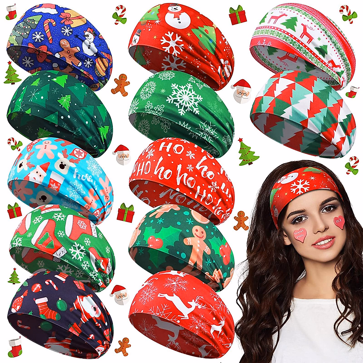 MTLEE 12 Pcs Christmas Stretchy Headbands for Women Christmas Hair Accessories Non Slip Head Wrap for Women Xmas Party Cosplay(Classic Pattern)