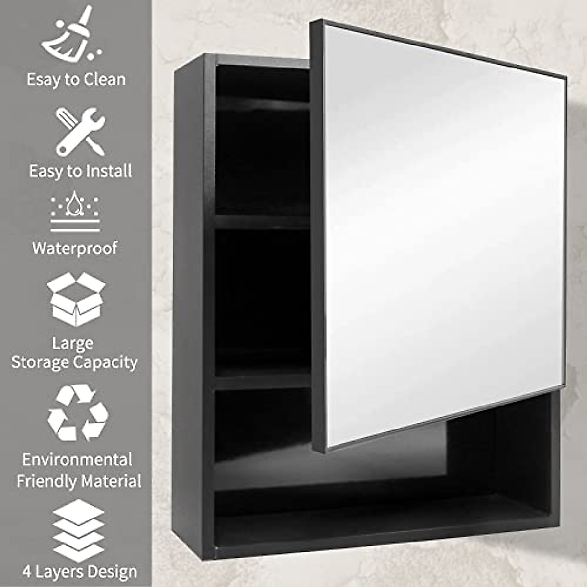YEPOTUE Mirrored Medicine Cabinet, 23.6" x19.6 Black Bathroom Medicine Cabinet Wall Mounted Space Aluminum Storage, Water, and Rust Resistant, Surface Mount
