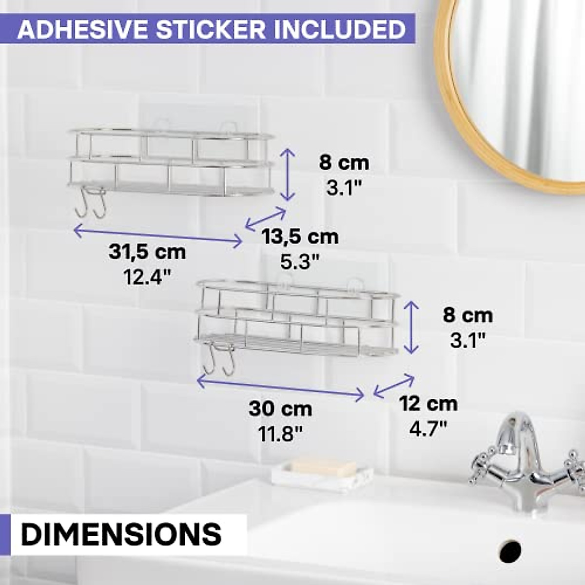 KINCMAX Shower Caddy, Rustproof SUS304 Stainless Steel, Adhesive Wall Mount Double Deep Round Baskets 2-pack with Hooks (Polished Silver)