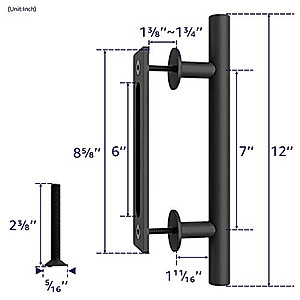 Genius Iron 12 Inch Sliding Barn Door Handle, Pull and Flush Hardware Set, Solid Cast Iron Rustic Style, Black