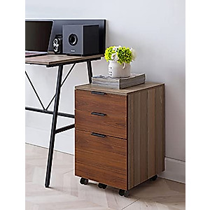 JJS 3 Drawer Rolling Wood File Cabinet with Locking Wheels, Home Office Portable Vertical Mobile Wooden Storage Filing Cabinet for Letter Size, Brown