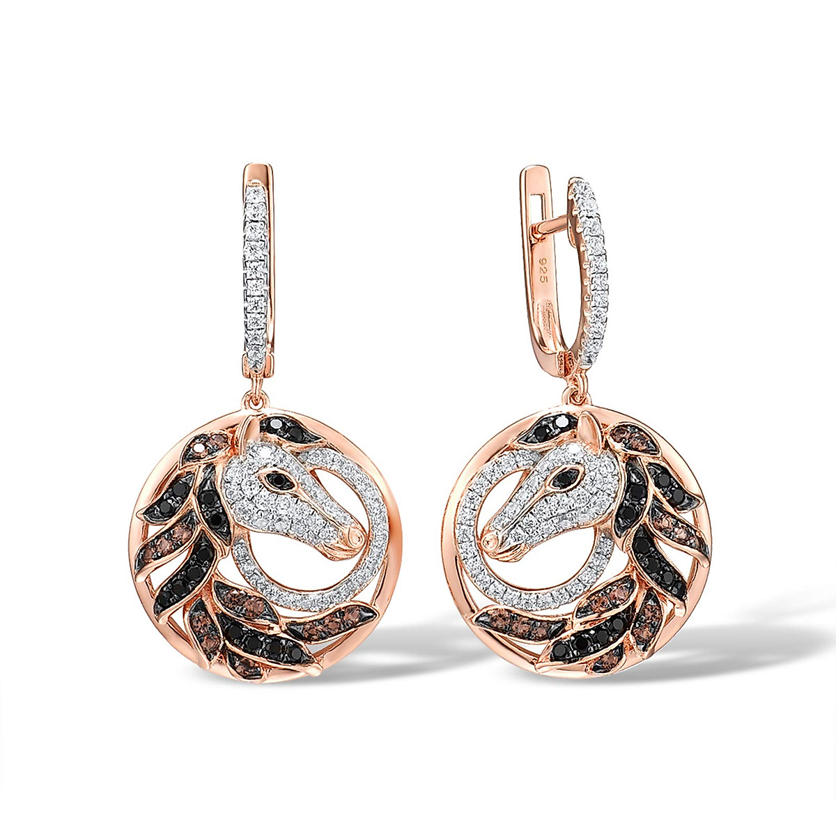 Santuzza 925 Sterling Silver Horse Dangle Earrings Black Spinel White Cubic Zirconia Animal Drop Earring 14K Rose Gold Plated Jewelry