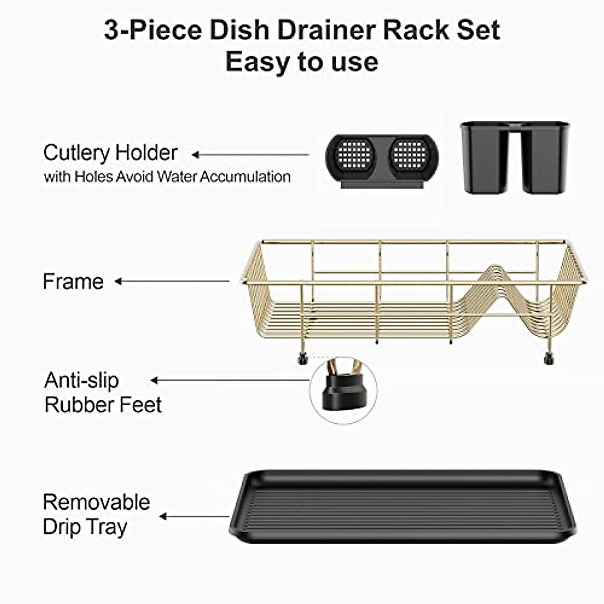 GSlife Dish Drying Rack with Drainboard - Dish Racks for Kitchen Counter, Dish Drainer with Utensil Holder, No Drain Spout, Gold and Black