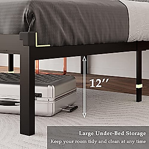 Feonase Twin Size Metal Bed Frame with Faux Leather Button Tufted Headboard, Heavy-Duty Platform Bed Frame with 12" Storage, Steel Slats Support, No Box Spring Needed, Noise Free, Black