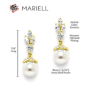 Mariell Pearl Drop Gold Wedding Earrings, 8MM Ivory Shell Pearls, Cubic Zirconia Crystal and Pearl Earrings for Brides, Bridesmaid, Prom and Mother of the Bride