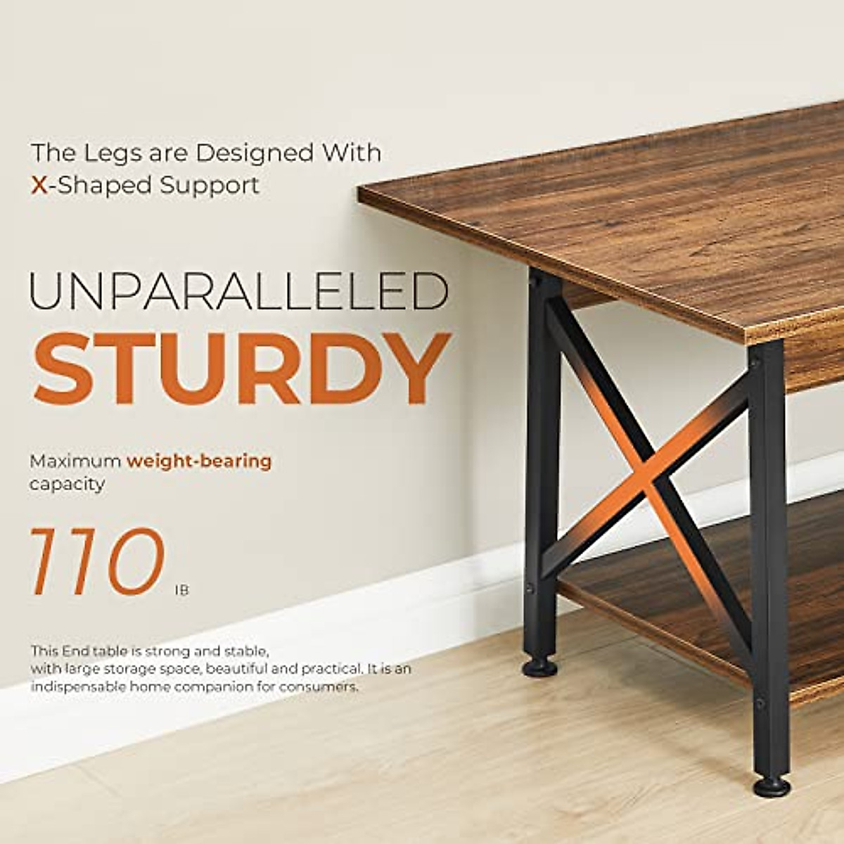 GreenForest End Table 24 inch Industrial Design Large Side Table with Storage Shelf for Living Room, Easy Assembly, Rustic Walnut