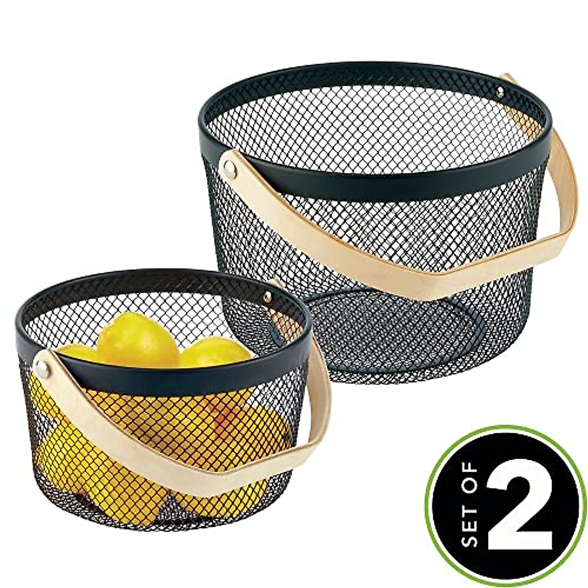 mDesign Farmhouse Metal Storage Organizer Basket Bin with Wood Handles - for Bathroom, Office, Entryway, Closet, Cabinet, Bedroom, Laundry Room, Nursery, Kids Toy Room, Set of 2 - Black