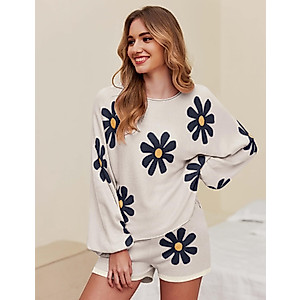 Ekouaer Knit Pajamas Set for Women Lounge Sets Long Sleeve Sweatsuit Matching 2 Piece Outfits Cute Sweater Sets Floral White M