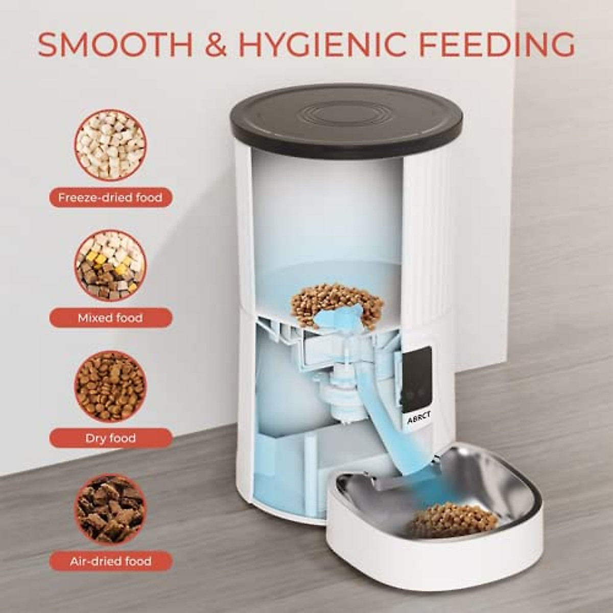 ABRCT Camera Automatic Cat Feeder, Voice and 1080HD Video Recording Cat Food Dispenser, Timed Cat Feeder with Desiccant Bag, Smart Cat Pet Feeder with Dual Power Supply (White)