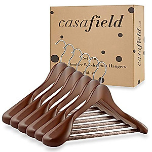Casafield - 6 Walnut Wide Shoulder Wooden Suit Hangers - Premium Lotus Wood, Non-Slip Pant Bar & Chrome Swivel Hook for Dress Clothes, Coats, Jackets, Pants, Shirts, Skirts