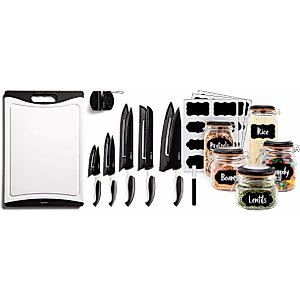 EatNeat 12 Piece Kitchen Knife Set 5 Piece Airtight Glass Kitchen Canisters with Black Lids - Includes Premium Black Labels and White Marker