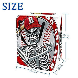 Human Skeleton Playing Baseball Print Collapsible Laundry Hamper, 60L Waterproof Laundry Baskets Washing Bin Clothes Toys Storage for Dorm Bathroom Bedroom