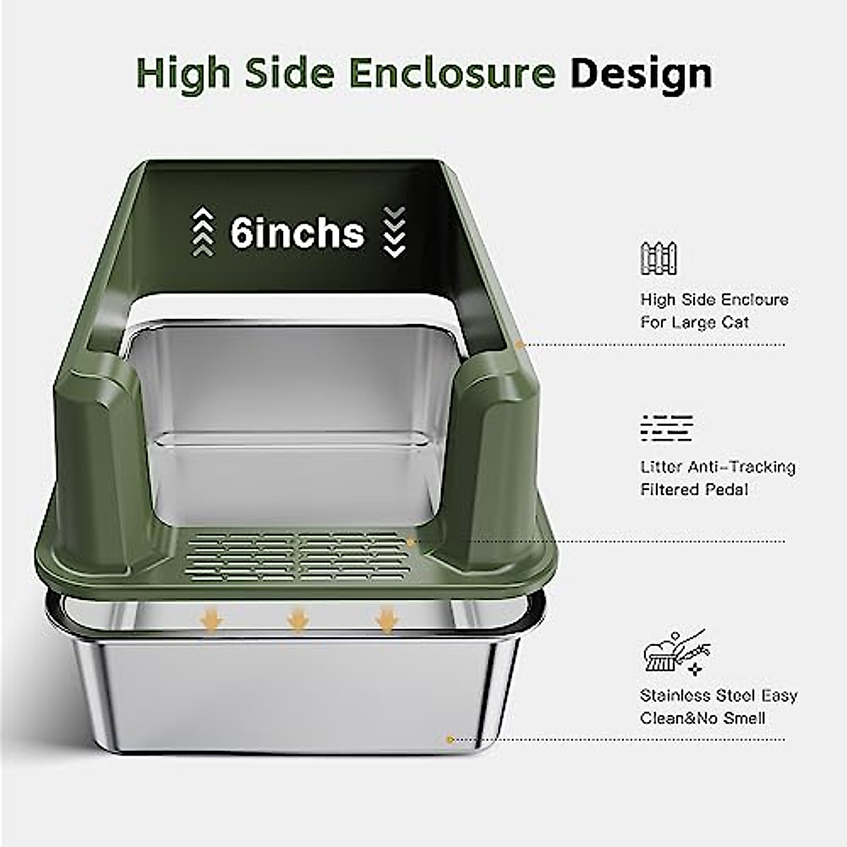 Stainless Steel High Side Cat Litter Box, Enclosed Large Litter Box for XL Big Cats, Easy Clean Metal Kitty Litterbox with Scoop