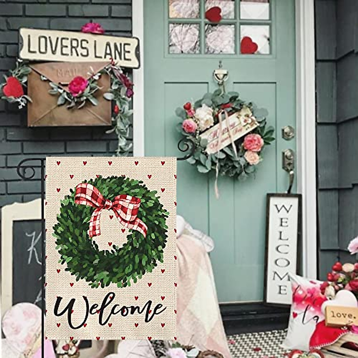 AVOIN colorlife Valentines Day Mothers Day Garden Flag 12x18 Inch Double Sided, Welcome Boxwood Wreath Bow Anniversary Yard Outdoor Flag
