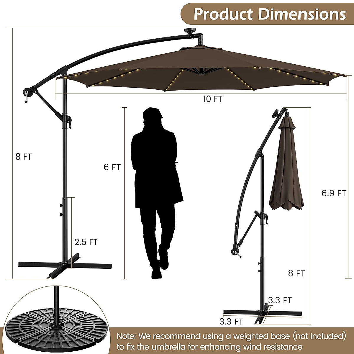 Tangkula 10FT Solar Offset Umbrella, Tilted Cantilever Hanging Umbrella with 112 LED Meteor Shower Lights, Crank Handle, Outdoor Market Umbrella for Poolside, Backyard & Deck (Tan)