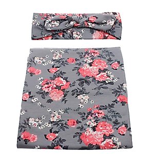 Infant Floral Swaddle Wrap with Headbands Hats Value Set Newborn Receiving Blanket Photography Props 35X35inch