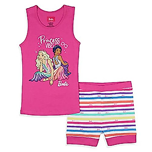 INTIMO Barbie Girls' Princess Vibes Characters Sleep Pajama Set Tank Top Shorts (10) Multicolored