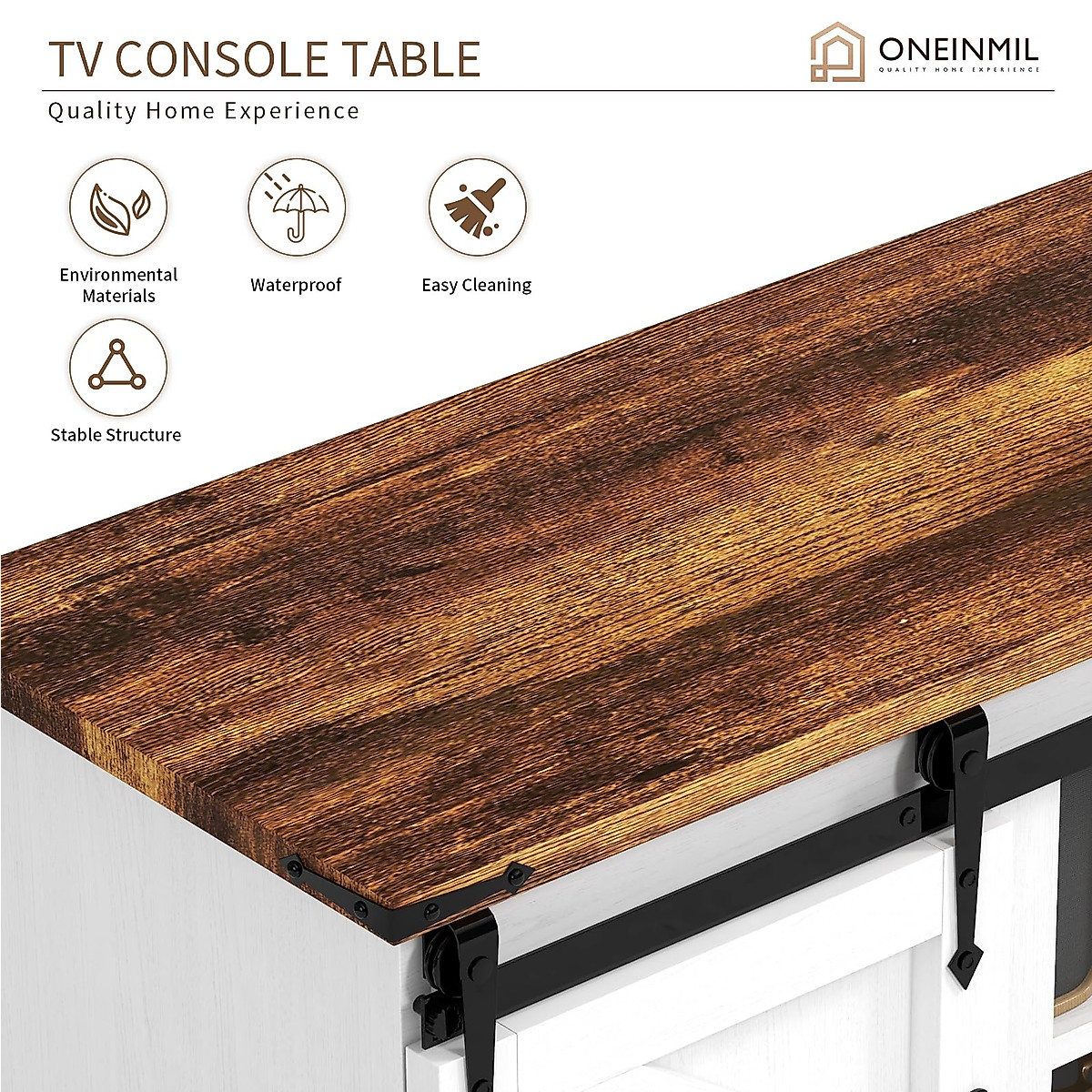 oneinmil 58 Inch Farmhouse TV Stand, Modern Rustic Entertainment Center with Sliding Barn Door and Storage Cabinets, Metal Media TV Console with Shelf for TVs up to 65 Inch in Living Room, White