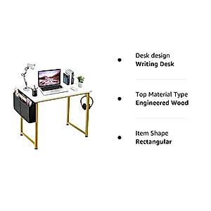 Lufeiya Small Computer Desk White Writing Table for Home Office Small Spaces 31 Inch Modern Student Study Laptop PC Desks with Gold Legs Storage Bag Headphone Hook,White Gold