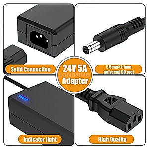 24V Power Supply Adapter, LONGSING 24V 5A AC DC Adapter, AC 100-240V to DC 24V, 5.5X 2.5mm DC Plug, Input 100V-240V, Output 24V 5A 120W, with DC Female Connector
