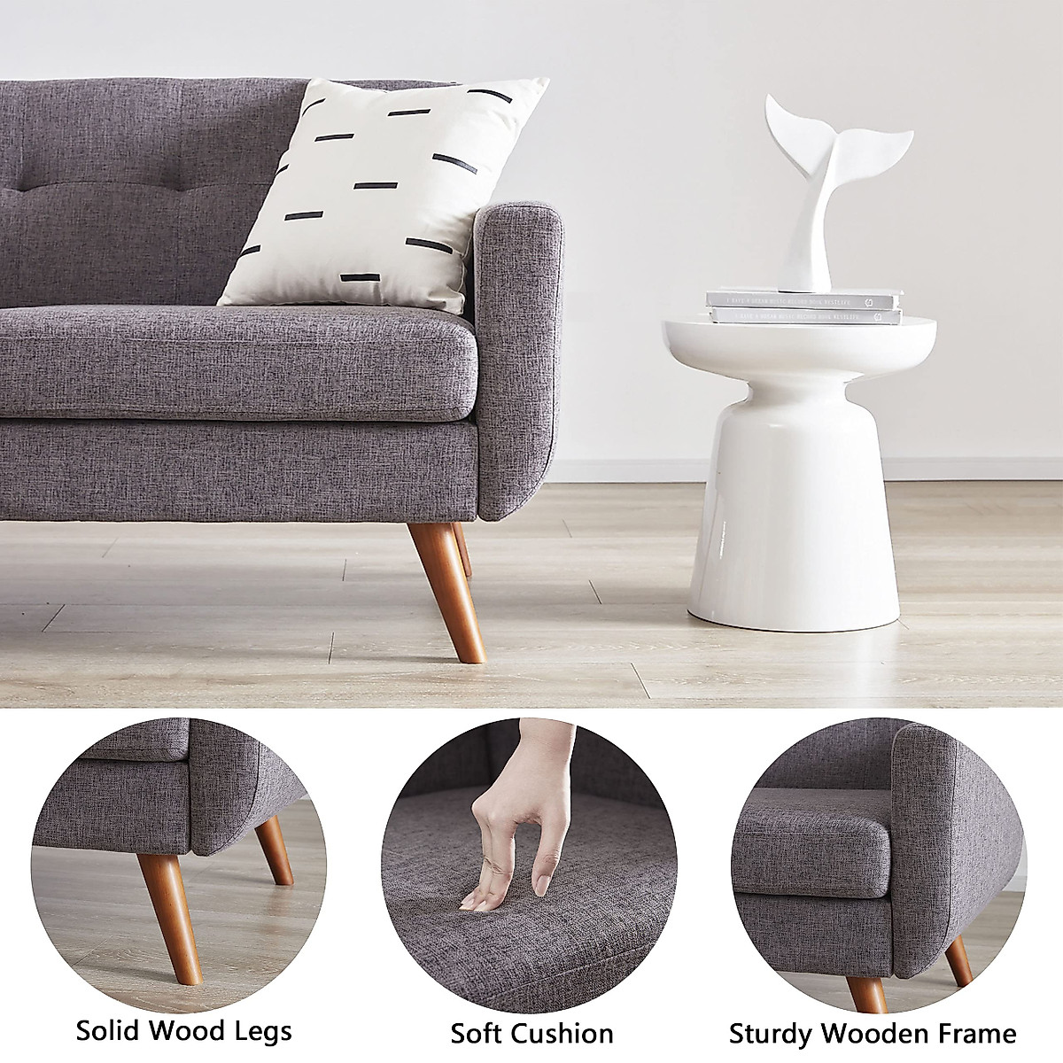 Tbfit 65" W Loveseat Sofa, Mid Century Modern Decor Love Seat Couch, Button Tufted Upholstered Love Seats Furniture for Living Room (Dark Grey)