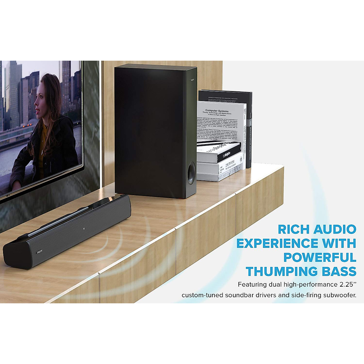 Creative Stage V2 2.1 Soundbar with Subwoofer, Clear Dialog and Surround by Sound Blaster, Bluetooth 5.0, TV ARC, Optical, and USB Audio, Wall Mountable, Adjustable Bass and Treble, for TV