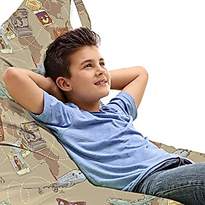Ambesonne Travel Lounger Chair Bag, Repeating Pattern with Plane Bag Camera and World Map Vintage Retro Style Print, High Capacity Storage with Handle Container, Lounger Size, Multicolor