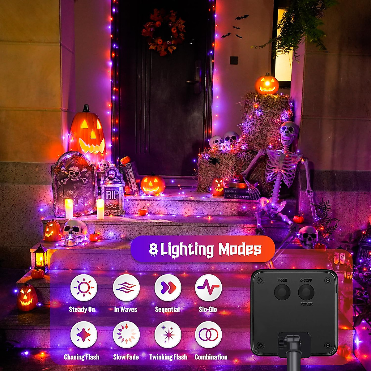 JMEXSUSS 66ft 200 LED Orange Purple Halloween Lights,2 Pack Solar Halloween String Lights, Outdoor Waterproof, 8 Modes Solar Fairy Lights for Garden Party Decorations
