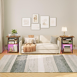 HOOBRO Narrow LED End Table with Charging Station, Small Side Table Outlets, Nightstand with USB C Port, Skinny Couch Table, for Living Room, Bedroom, Bedside, Rustic Brown and Black BF130UDBZ01