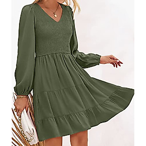 ZESICA Women's Casual V Neck Long Sleeve Smocked High Waist Ruffle A Line Tiered Mini Dress,ArmyGreen,Medium
