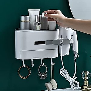 NBHC Bathroom Storage Organizer, Hair Dryer Holder Wall Mount and Towel Toothbrush Toothpaste Perfume Comb Blow Dryer Holder Organizer Storage, Detachable Durable Hanging Shelf Rack Stand (Gray)