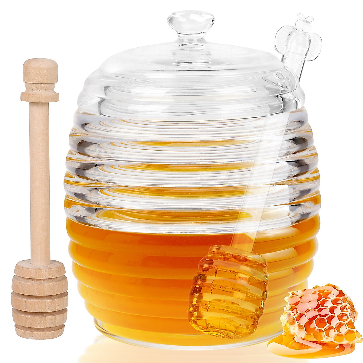 Loscarol Honey Jar with Dipper and Lid Glass Dispenser Honey Pot, 8 oz Honey Jar and 2 Honey Dippers Stick Set, for Home Kitchen Storing Honey and Syrup - Honey Containers