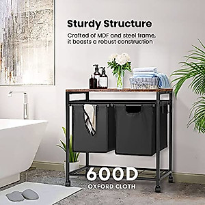 VIVOHOME Pull Out Laundry Hamper, 2-Compartment Laundry Basket with Shelf and Wheels, 2 x 30L Removable 600D Oxford Fabric Laundry Bags, Rustic Brown and Black