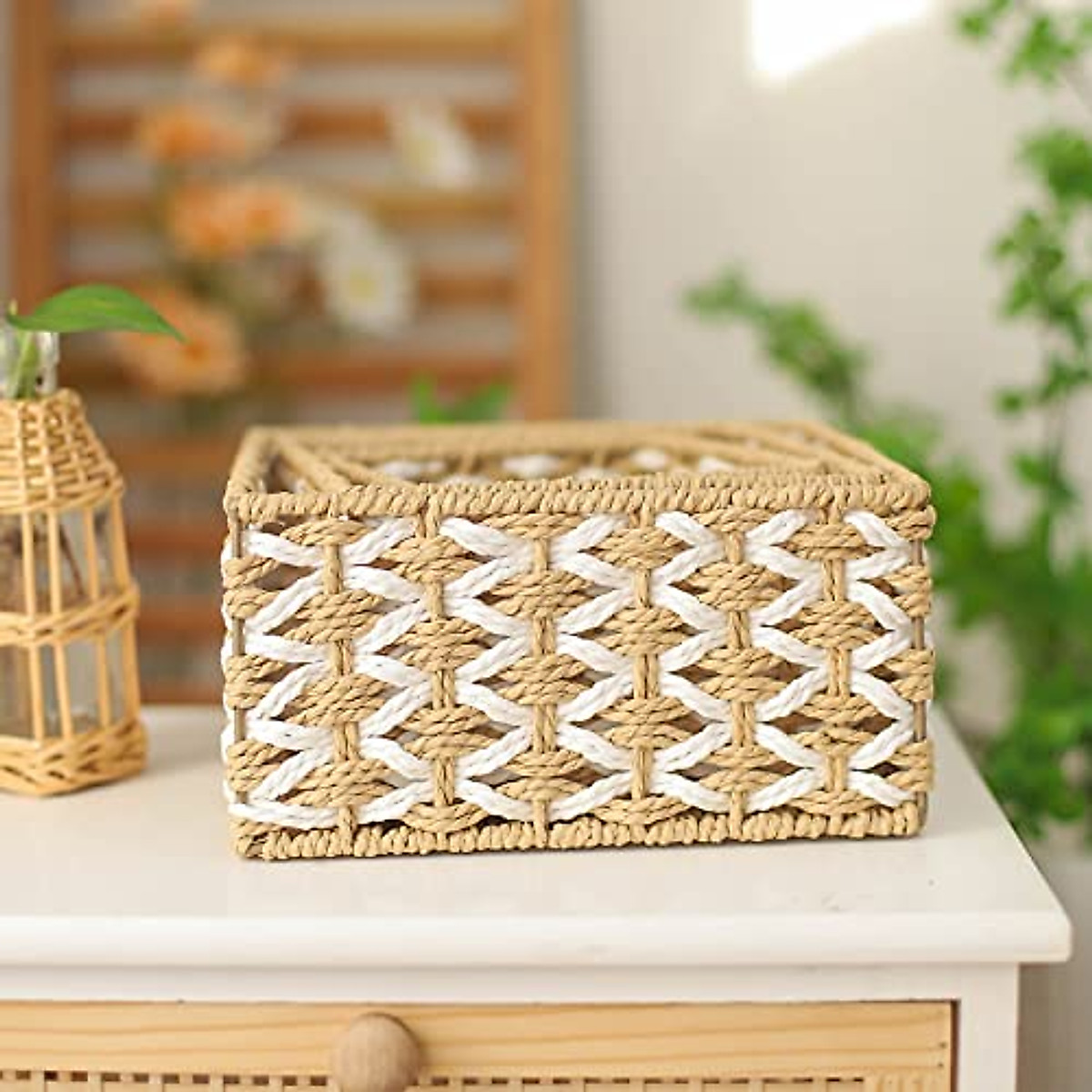 Storage Baskets Set 3 -Stackable Woven Basket Paper Rope Organizing Baskets Set Handmade Decorative Home Storage Bin for Makeup/Closet/Bathroom/Bedroom (off white)