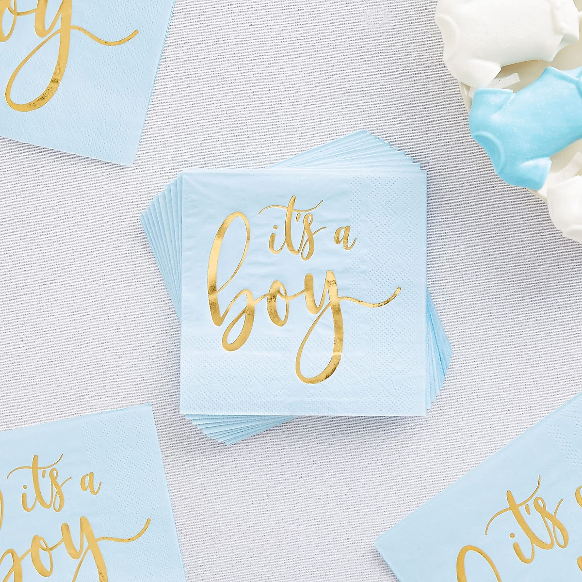 50 Pack Its a Boy Baby Shower Cocktail Napkins Party Supplies, Blue with Gold Foil Table Decorations (5 x.5 Inches)