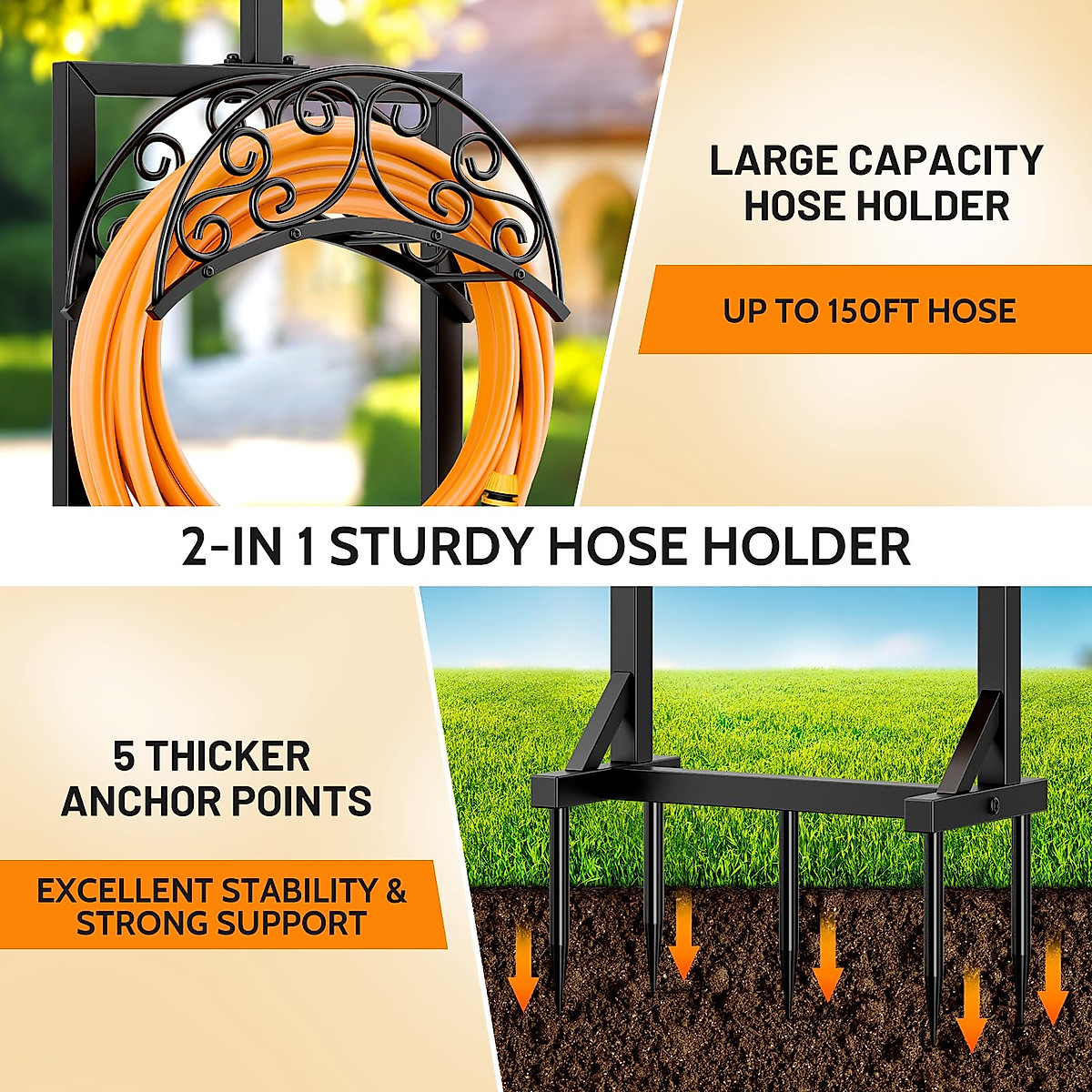 Jvgoo Garden Hose Holder for Outside - Upgraded Water Hose Holders with 5 Spikes & 2 Shepherds Hooks, Freestanding Garden Hose Stand Heavy Duty Hose Hanger Hose Storage Hose Reel Rack for Yard Lawn