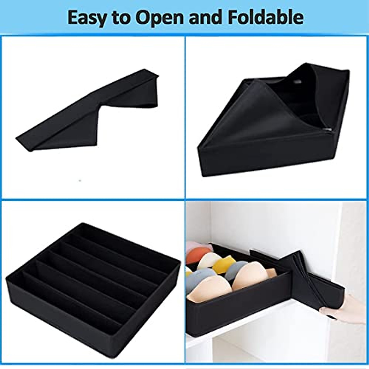 RUIBOLU Closet Underwear Organizer Drawer Divider 4 Set, Fabric Foldable Cabinet Closet Bra Organizers and Storage Boxes for Storing Socks, Underpants Panties,Ties Divider (BLACK)