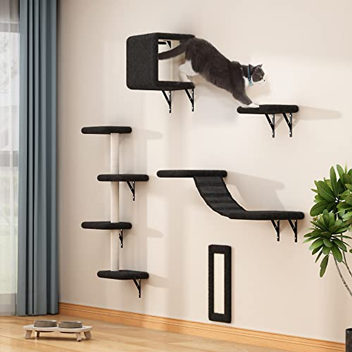 COZIWOW 5 Pcs Wall-Mounted Cat Climber Set with Cat Shelves and Perches, Ladder, Cat Condo House, Scratching Board and Cat Tree, Cat Wall Shelves Furniture, Wood Indoor,Black