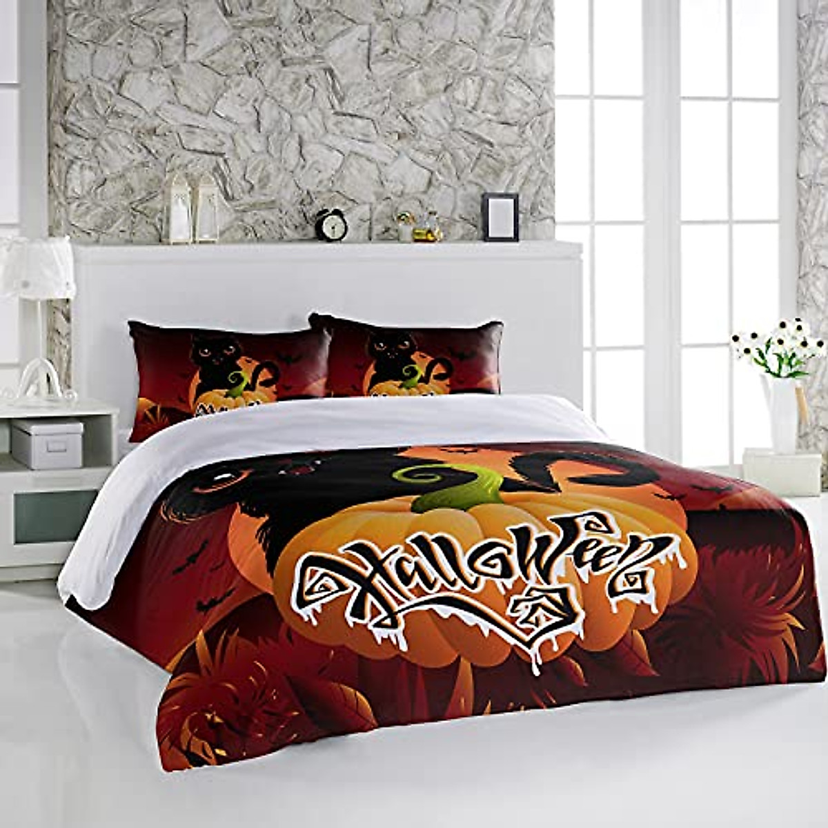 Halloween Twin Duvet Covers Cute Cats with Pumpkins 3-Piece Bedding Sets Luxury Soft Microfiber Bed Comforter Protector with Pillow Cases for Women Men Girl Boy Spooky Night Moon