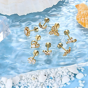 DOLOTTA 8PCS 18G Stainless Steel Cartilage Earrings for Women Men Flat Back Earrings for Women Internally Threaded CZ Earrings with Moon HeartShaped Bee Butterfly Tragus Helix Piercing Jewelry,