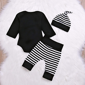 Besokuse Baby Unisex Worth the Wait Arrow Printed Romper Striped Pant Hat Outfit Clothes (Black, Newborn)