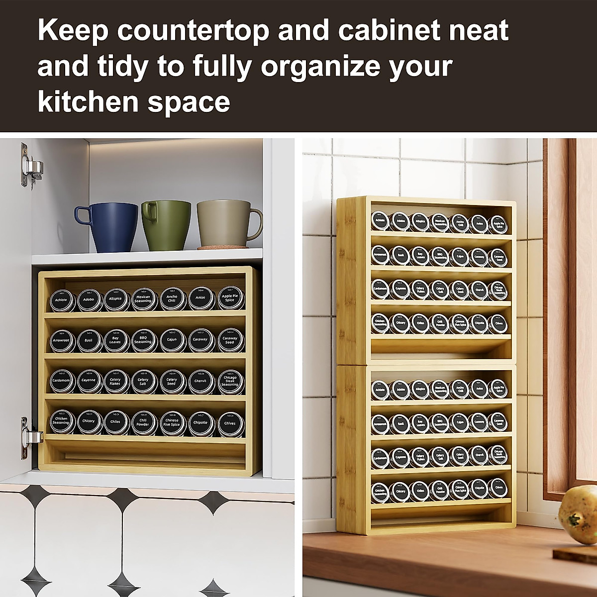 Orimade 4 Tier Spice Rack Organizer for Cabinet, Freestanding Bamboo Seasoning Rack for Countertop, Cupboard, Pantry, Kitchen, 13.18 x 4.13 x 12.2 inches(Spice Jars Not Included)