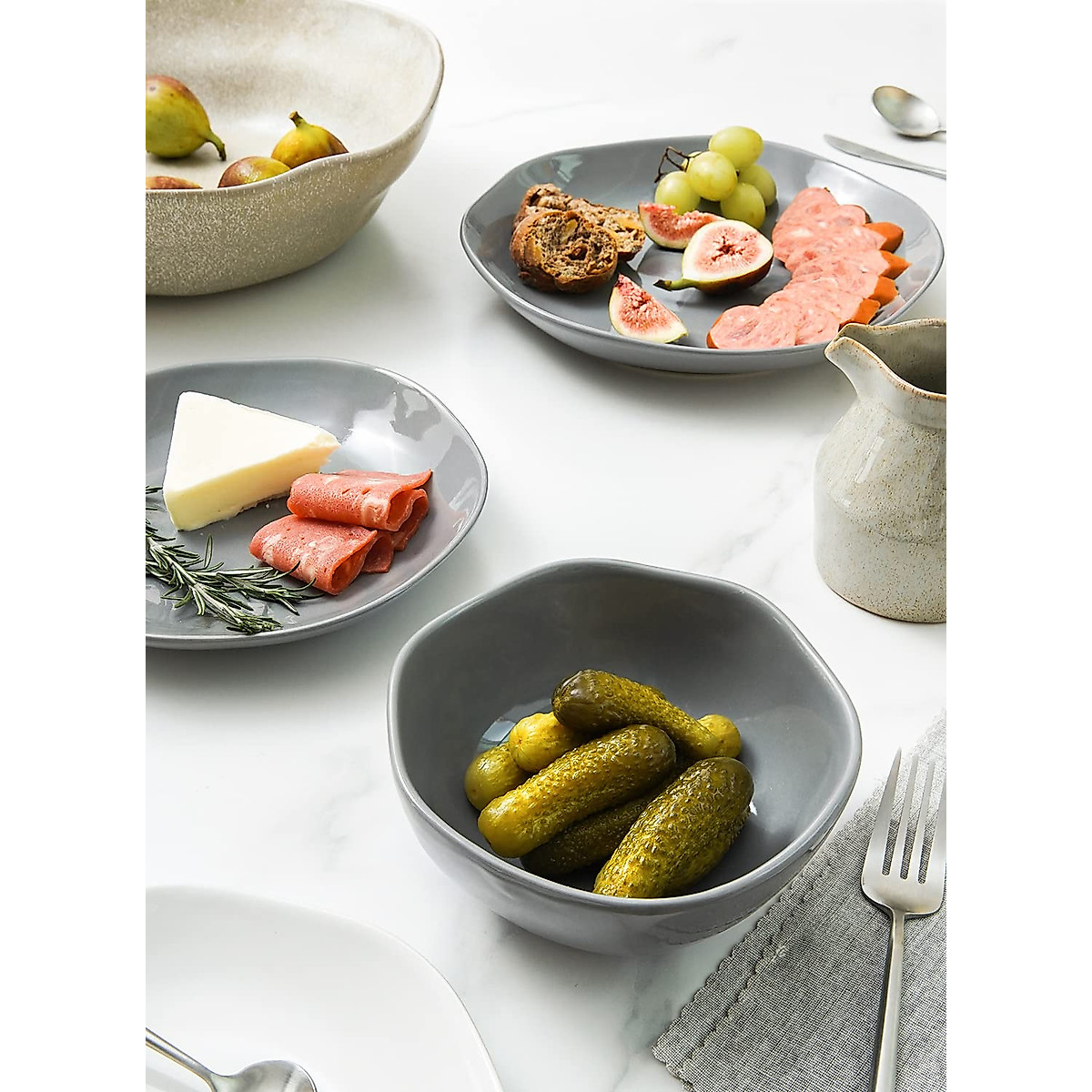 LE TAUCI Dinnerware Sets 12 Piece, Serve for 4, Ceramic Plates and Bowls Set (10" Dinner Plates + 8" Salad Dish + 22 oz Bowl) x 4, Suit For House Warming Wedding, Dishwasher Microwave Oven safe - Grey