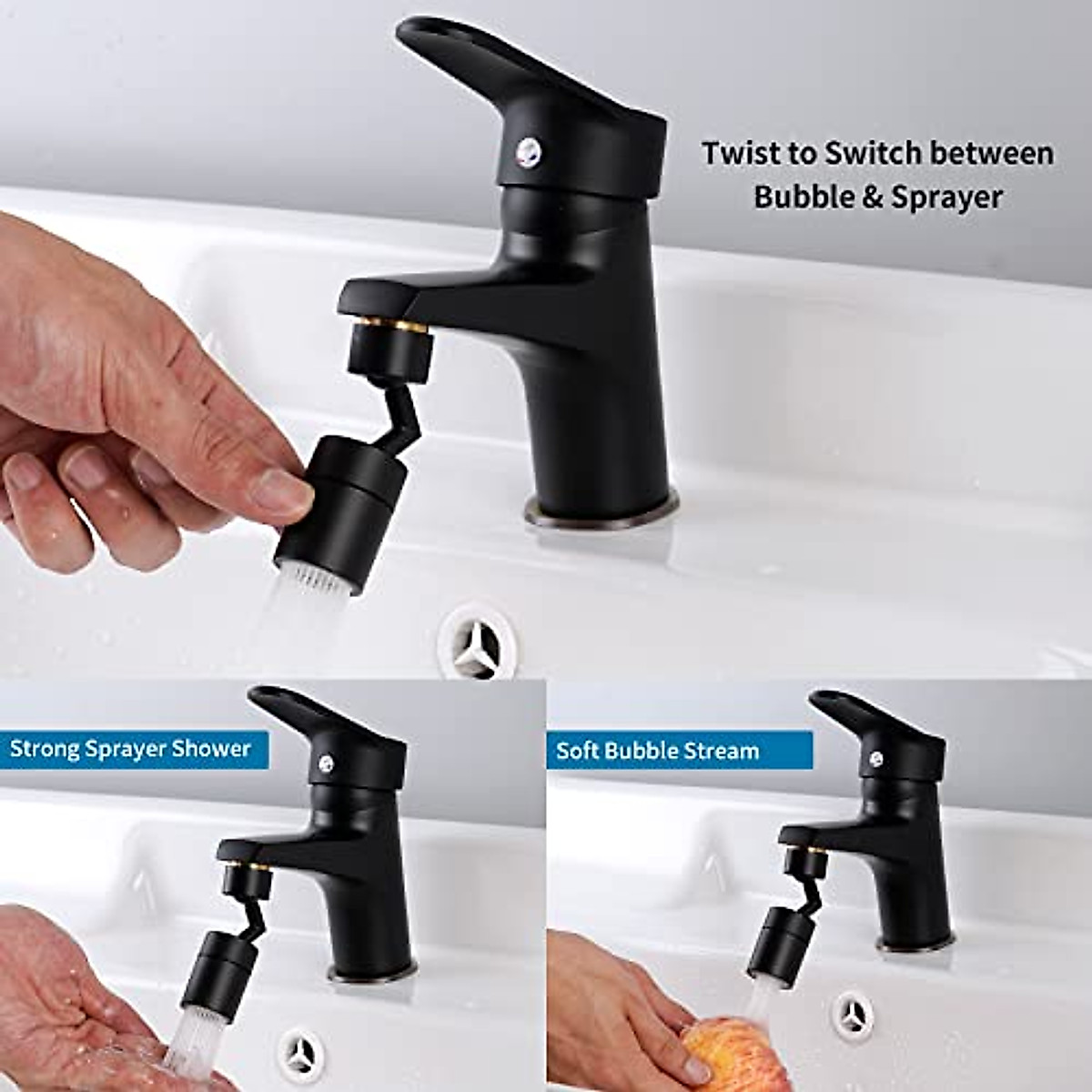 Hibbent Faucet Aerator, 720° Spray Aerator, Kitchen Faucet Aerator, 2 Water Mode Bathroom Faucet Adapter for Face Washing, Gargle and Eye Flush, 1.8GPM 55/64 Female Thread with Adapter, Matte Black