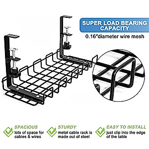 Quszmd Under Desk Cable Management Tray No Drill - Under Desk Cable Organizer for Wire Management. Super Sturdy Desk Cable Rack .Standing Desk Cable Management (16" Black Wire Tray)