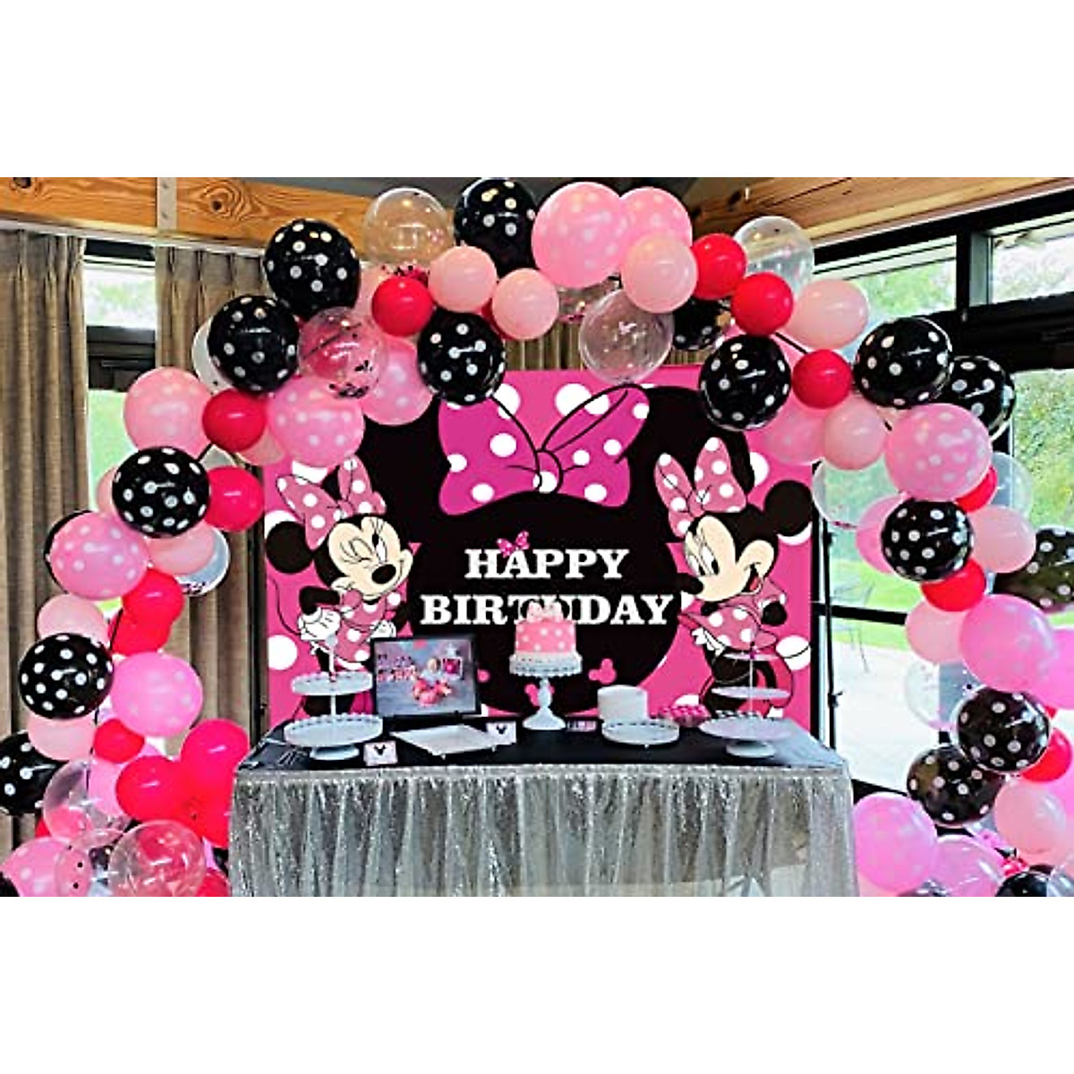 LXBO Cartoon Mouse Backdrop Pink Bow Princess Happy Birthday Backdrop Girl Party Photo Decorative Banners Baby Shower Photography Supplies (7x5FT)