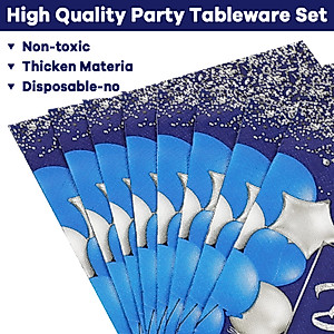 50 Guests Blue Birthday Plates Napkins Happy Birthday Plates Navy Blue and Silver Happy Birthday Plates for Men Women Disposable Paper Plates Napkins Forks Party Decorations Tableware Set 200 PCS