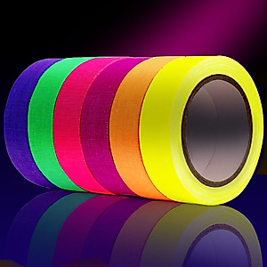 HTVRONT UV Blacklight Reactive Neon Tape, 6 Colors Neon Gaffer Tape, Fluorescent UV Black Light Glow in The Dark Tape for UV Party 0.6inch x 16.5ft x 6 Rolls