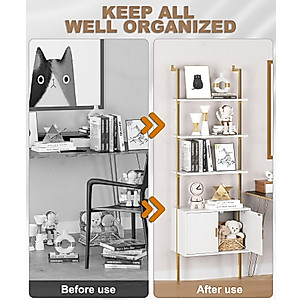 Gadroad 73" Tall Bookshef with Cabinet, Wall Mounted Industrial Ladder Bookcase with Wood and Metal Frame, 5 Tier Plant Shelf Display Storage Shelves for Living Room Bedroom, White Gold