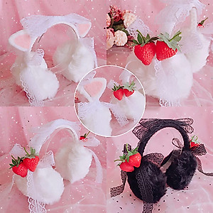 kaixinbukaixin Ear Muffs Cat Ear White Strawberry Black Lolita Cute Ear Muffs Winter Ear Warmers Faux Fur Outdoor Ear Covers,White Strawberry